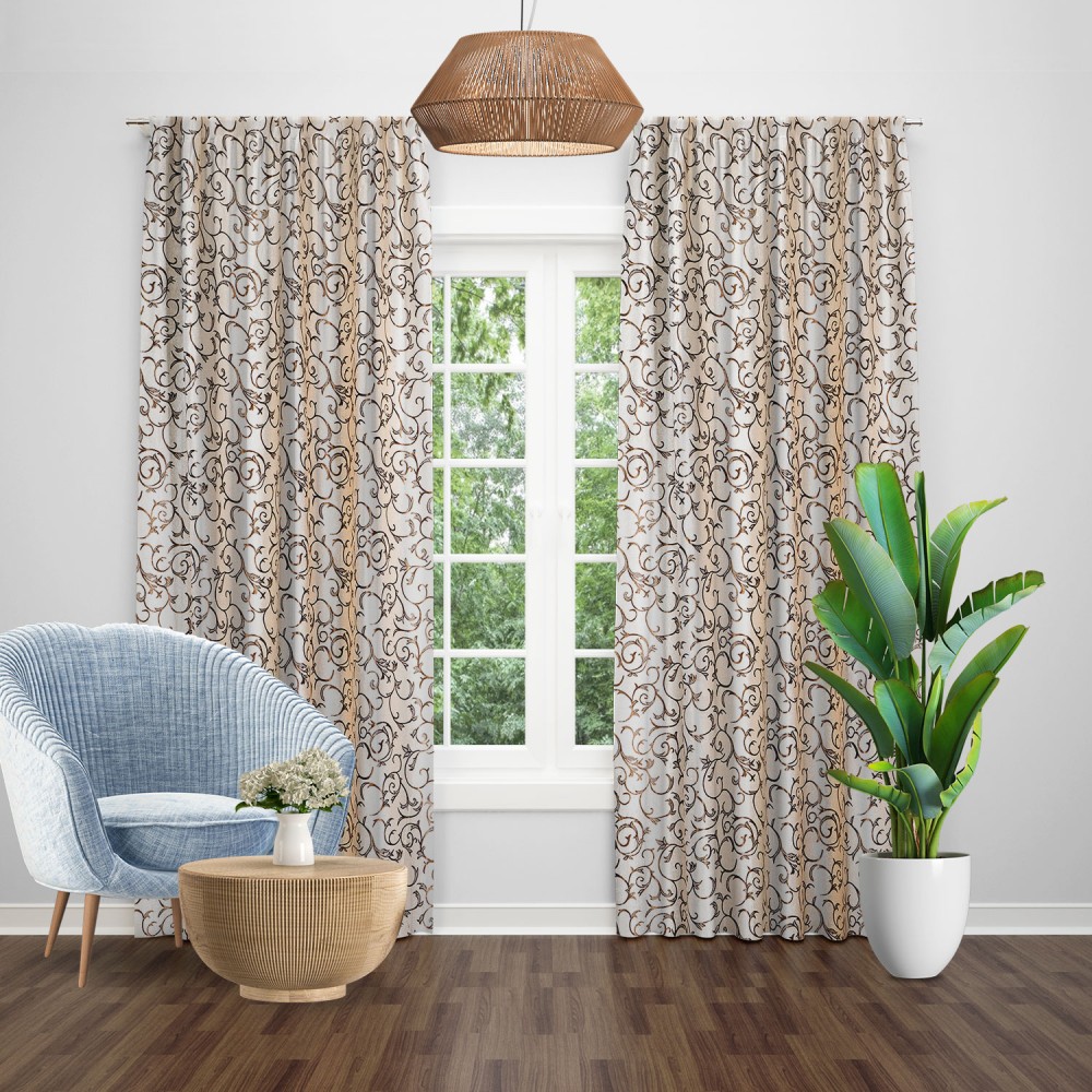 Set Draperie blackout maro auriu cu model flori, 2 buc x 150 x 250 cm ...
